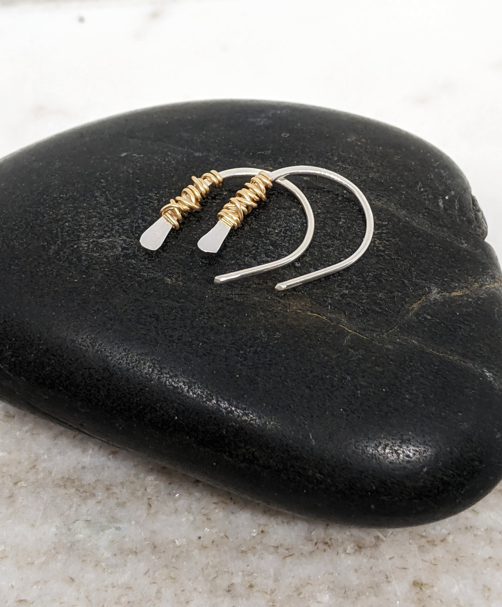 Silver Horseshoe Threader with 14k Gold Wrap | Huggie Hoops | Dainty E ...